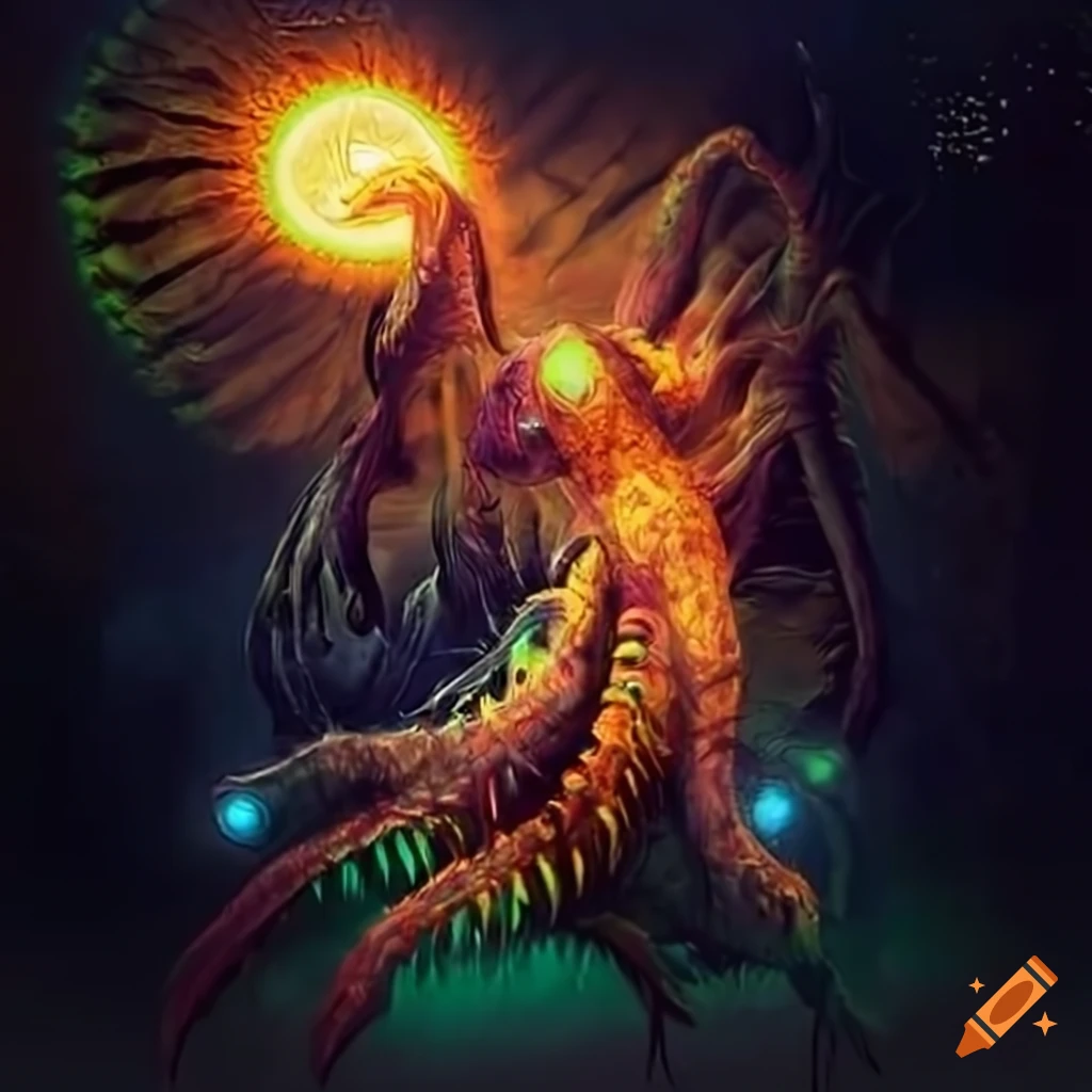 Colossal creature emerging from a magical portal with multicolored ...