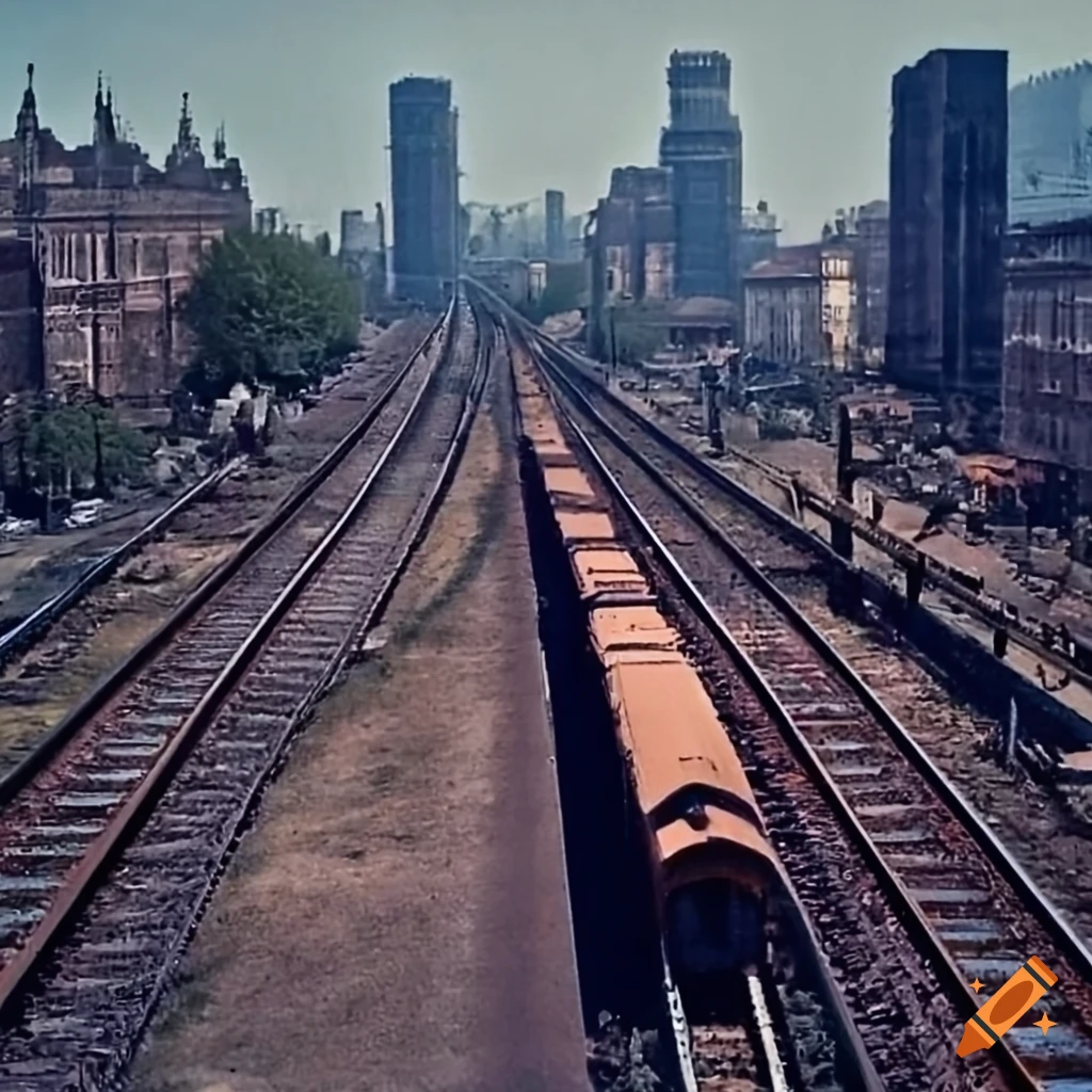 Historic train riding into a beautiful city from a bird's eye view on ...