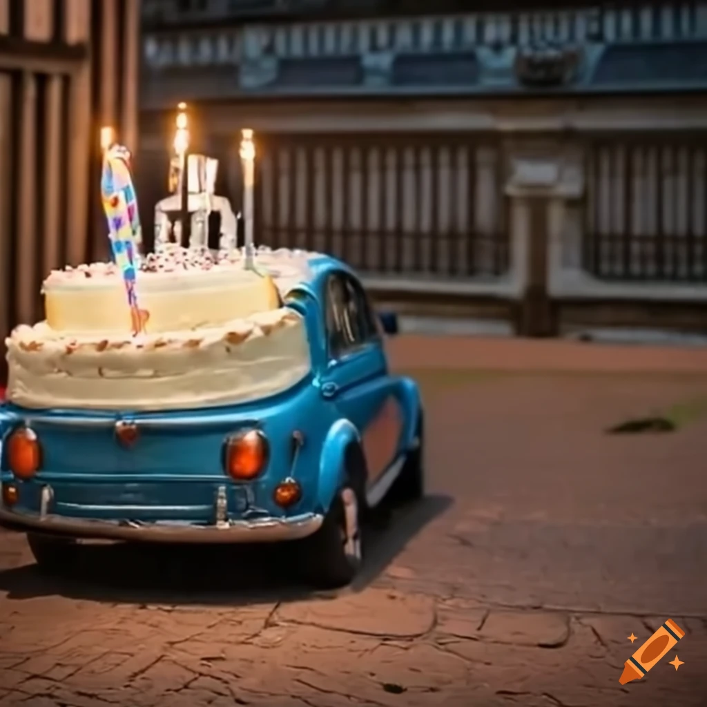 Old blue Fiat 500 transporting a birthday cake in a small French city ...