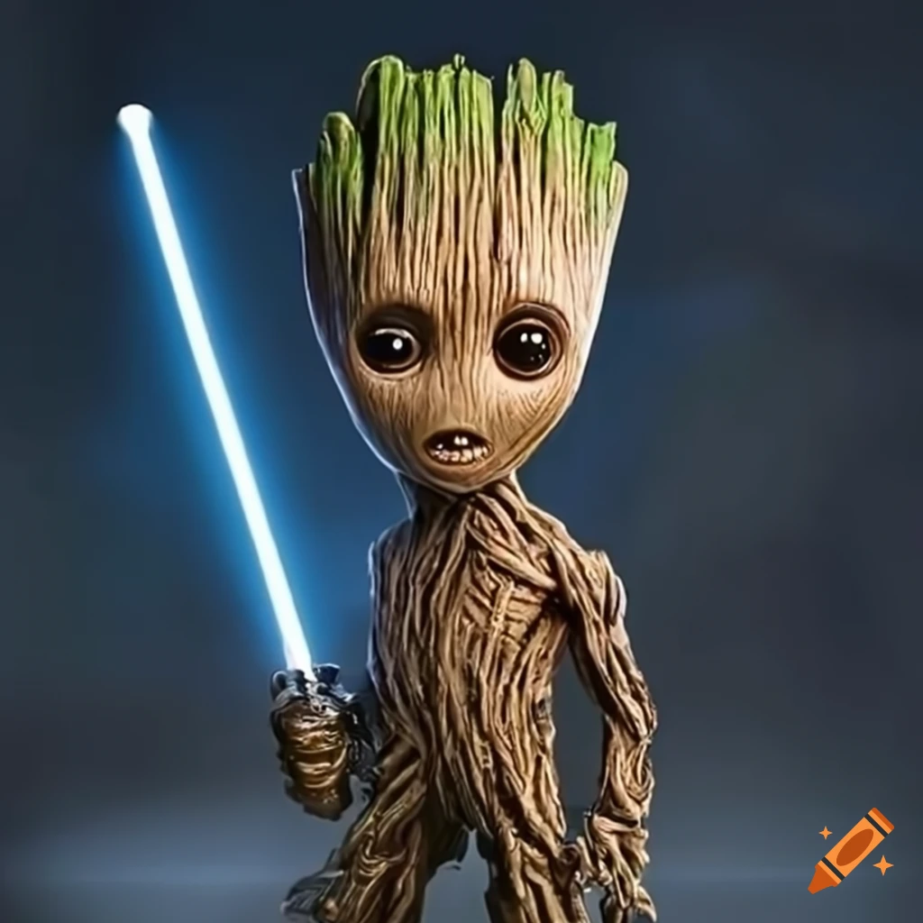 Cute baby groot dressed as a Star Wars jedi with a lightsaber on Craiyon