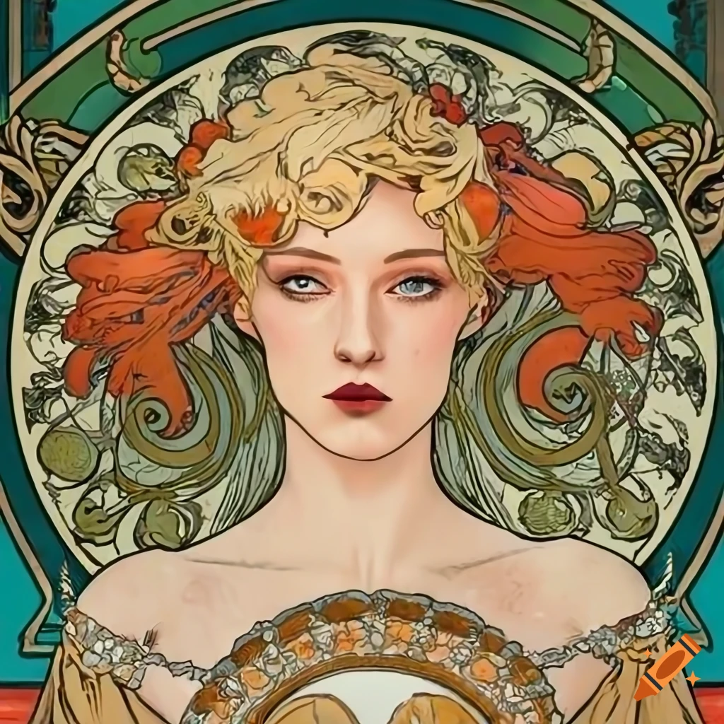 Blonde woman with flowing garment and nature elements, alfons mucha ...