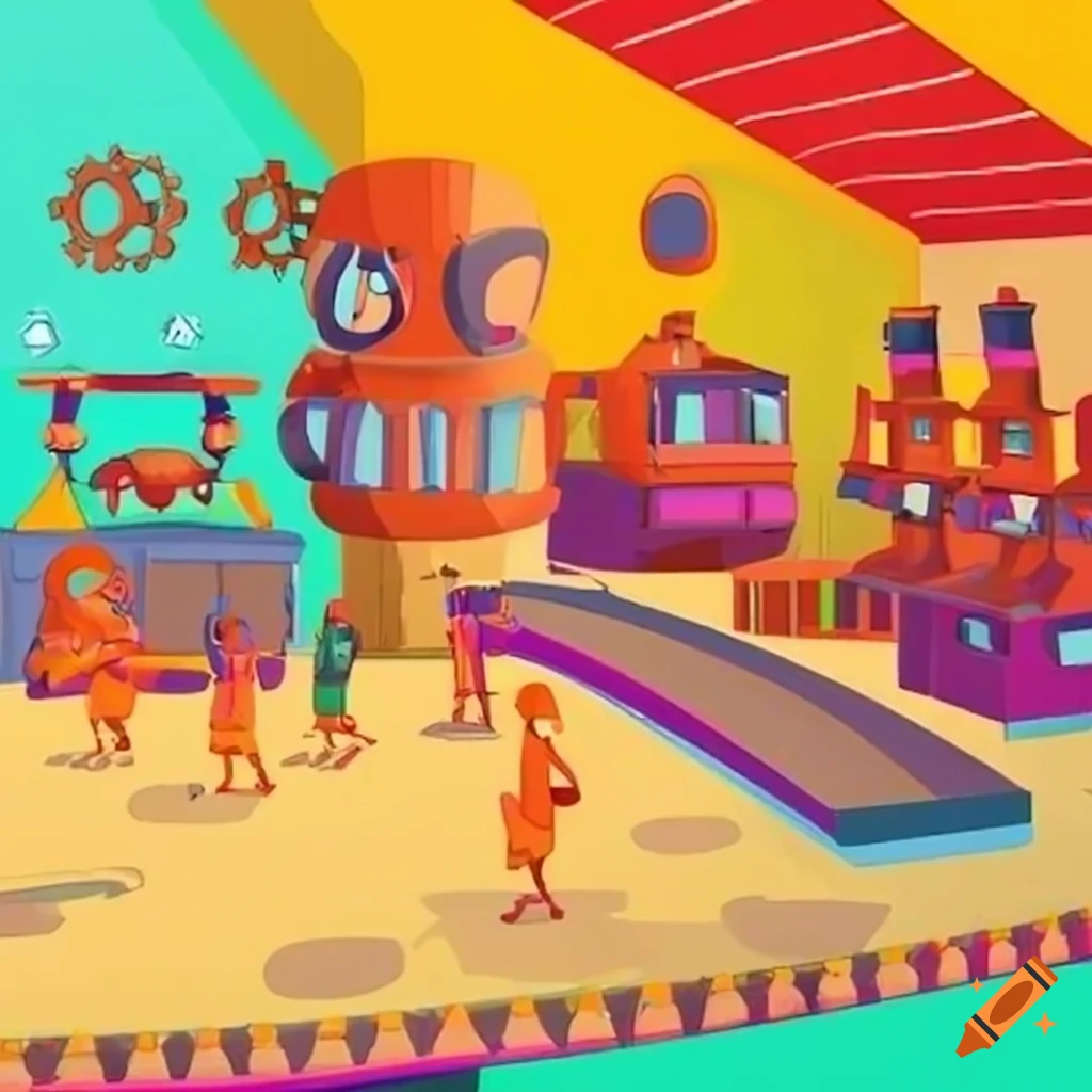 Vibrant cartoon factory interior with playful details and animated ...