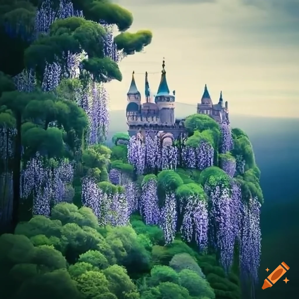 Castle at the end of a thousand-tree forest on a wisteria-covered ...