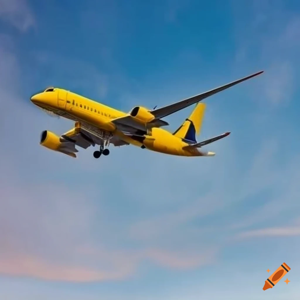 Stylish yellow airplane 'Paul Airline' flying in a sunny sky with ...