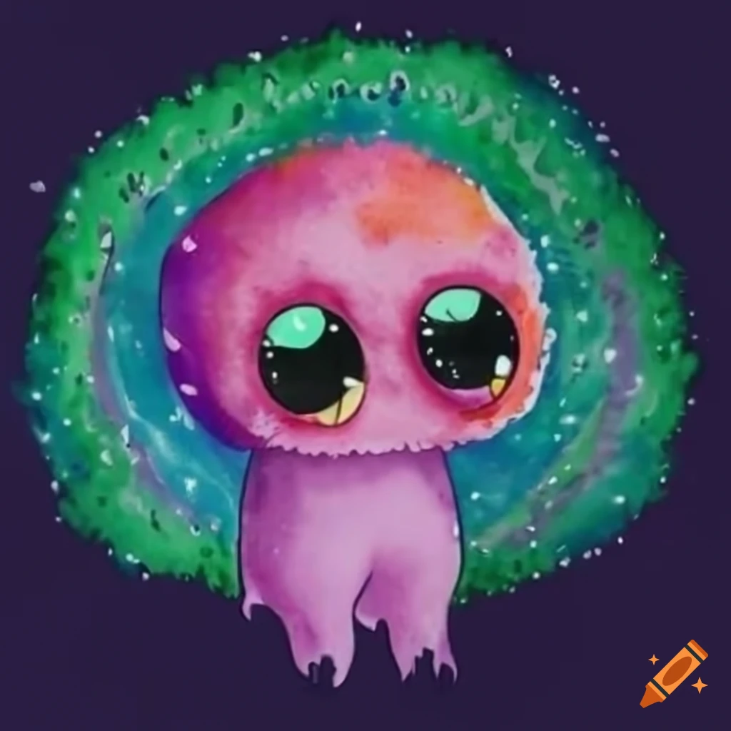 Weird cute fluffy creature with big eyes in a forest track with ufo and ...