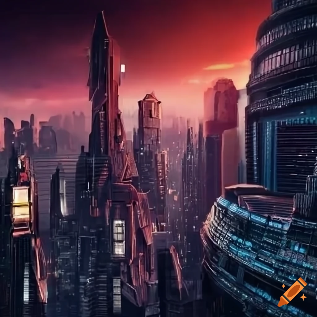 Futuristic cityscape with colossal skyscraper on Cybertron ...
