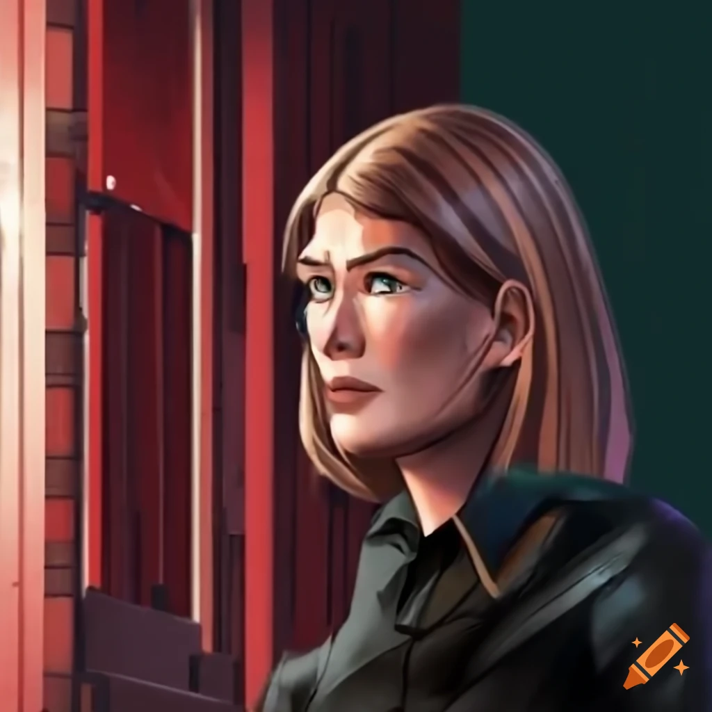 Young Woman In Red Plaid Shirt And Black Leather Trousers Peeks Through A Door Of A Derelict