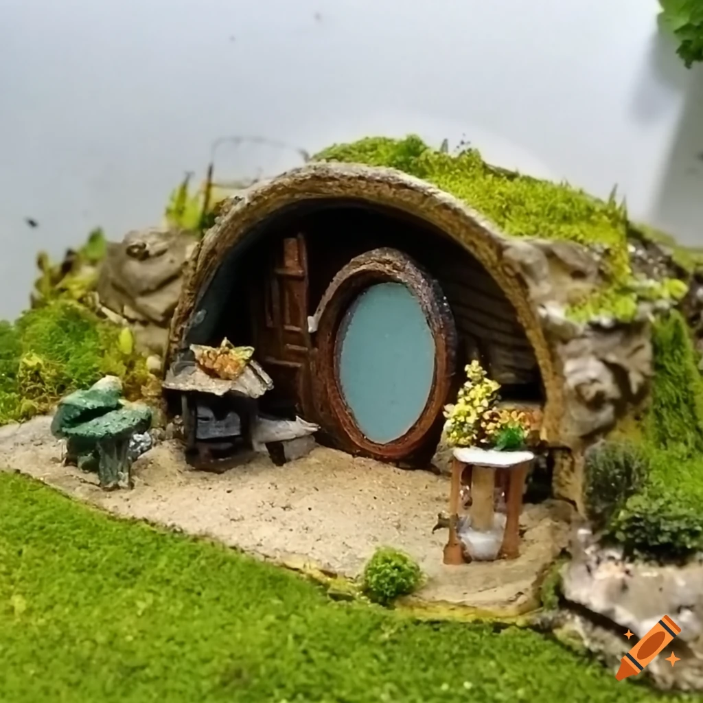 Miniature hobbit village in a diorama setting on Craiyon