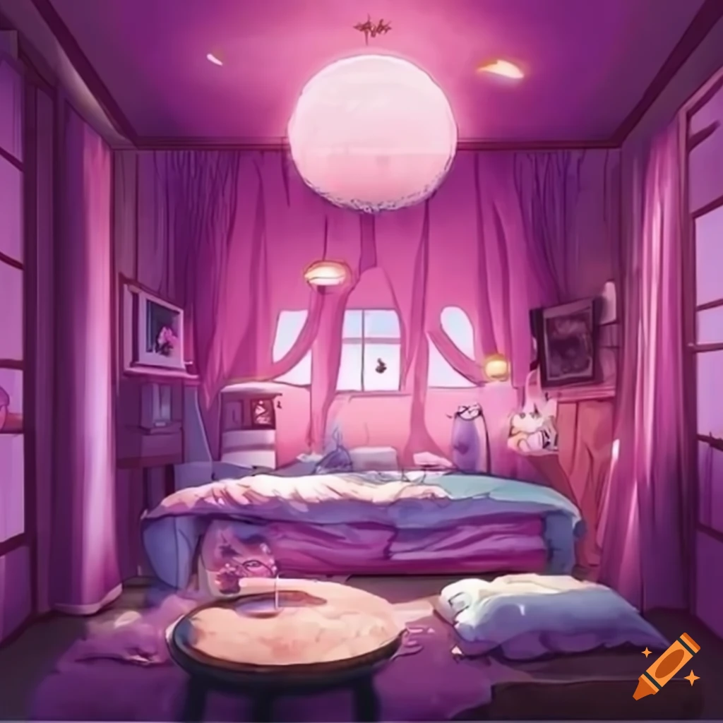 Cute anime bedroom in cottage core style with violet and pink colors on ...