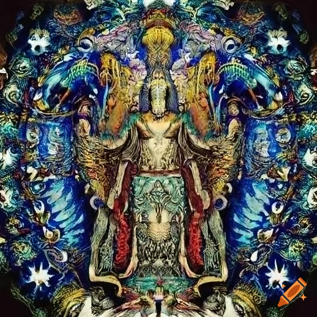 Intricately detailed illustration of Oannes with Apkallu protectors on ...