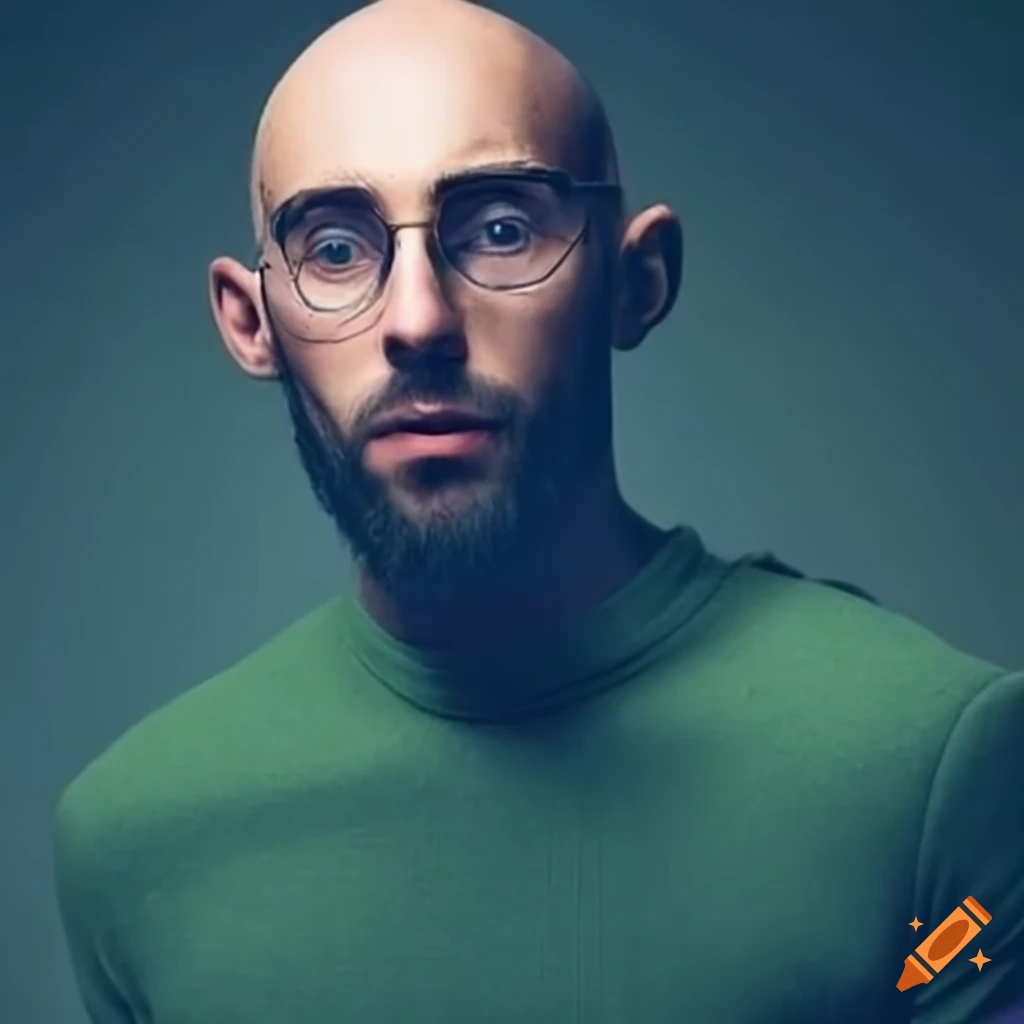 37-year-old man with bald head, full beard, green eyes, casual clothing ...
