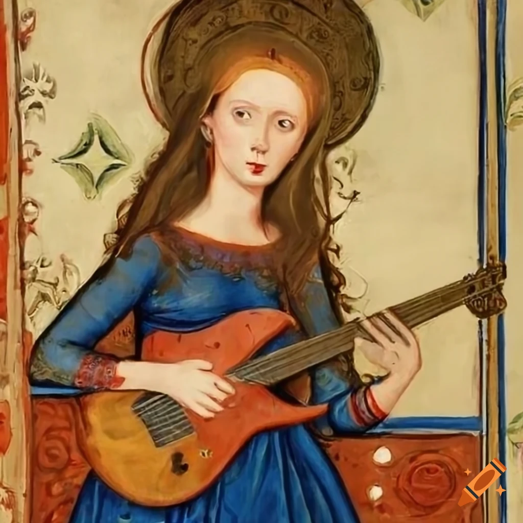 Medieval style painting of a Saxon woman playing an electric guitar on ...