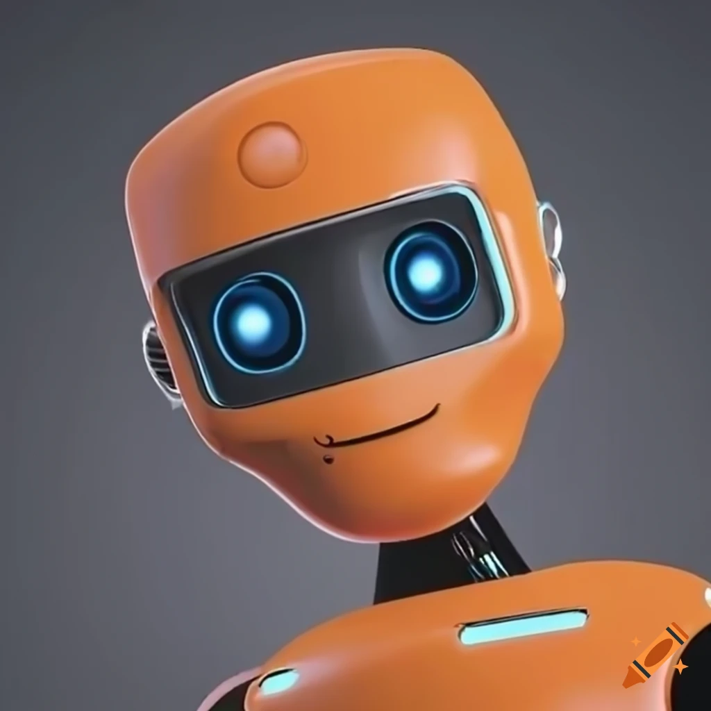 Sleek cute orange robot presenting business reports with a holographic ...