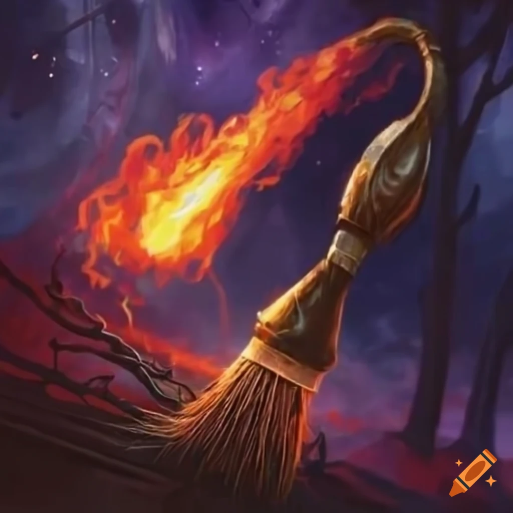 Magic flying iron broom with fire against a night sky in a magical ...