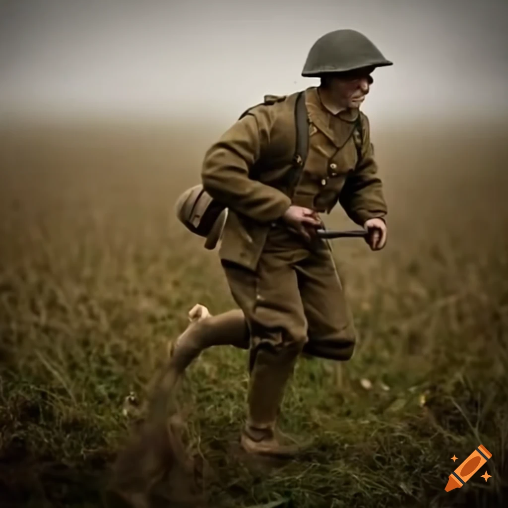 First World War soldier running across a field in a war setting on Craiyon
