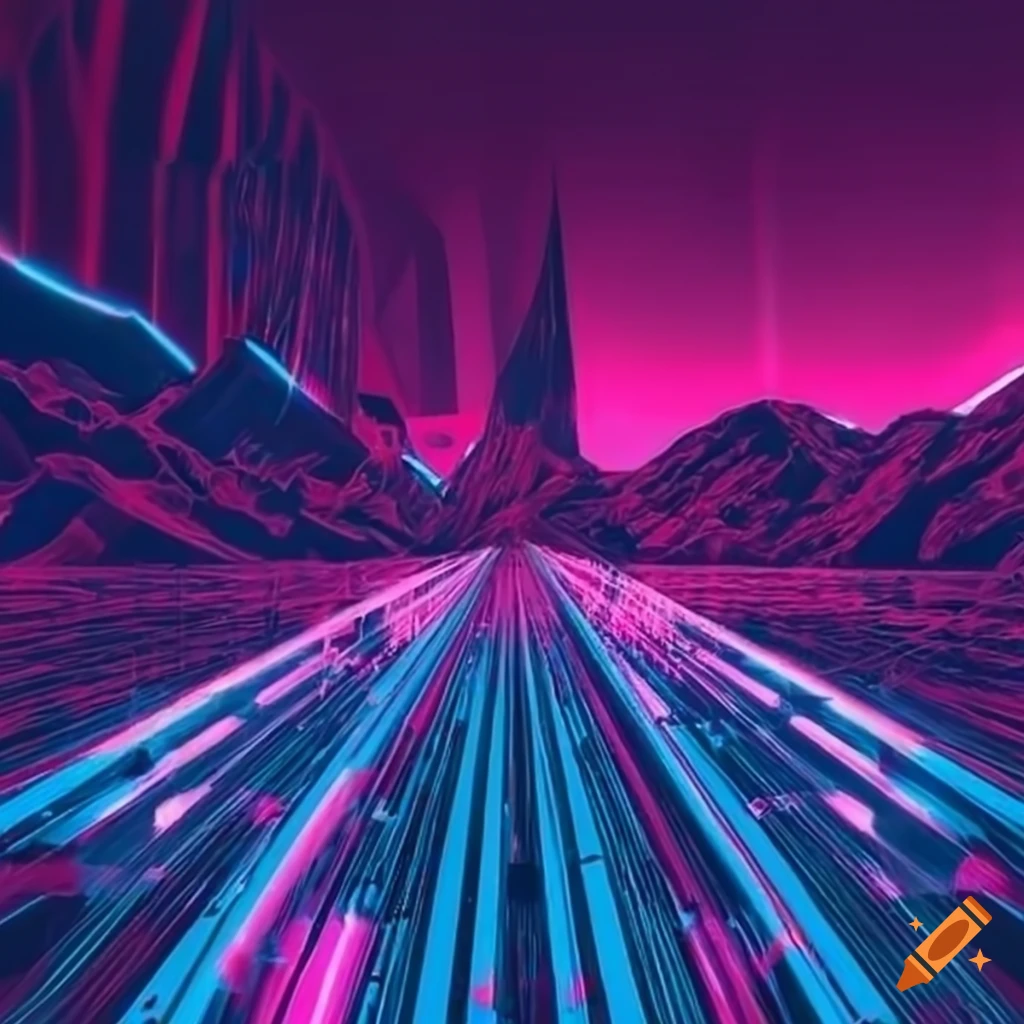 Vibrant neon landscape with geometric shapes and glowing lines inspired ...