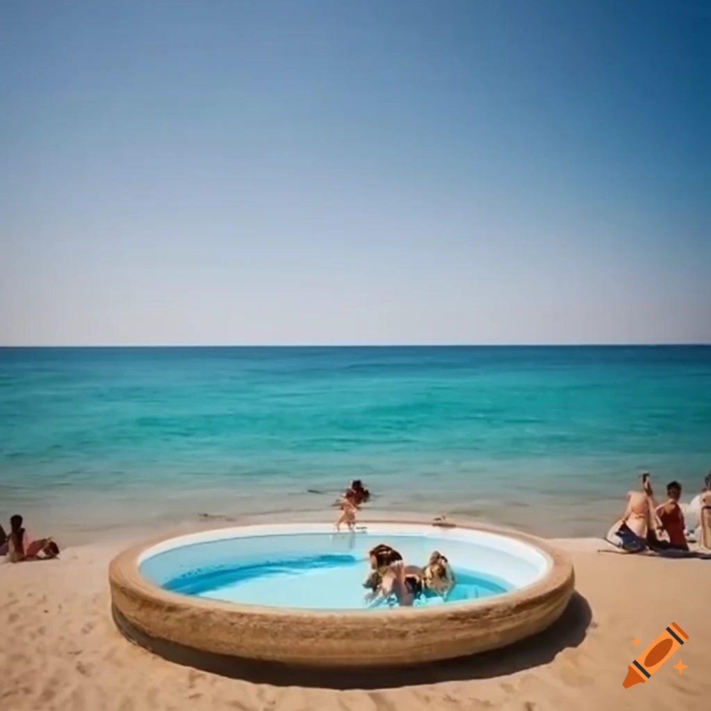 Mediterranean beach with integrated modern bathing pools and people on ...