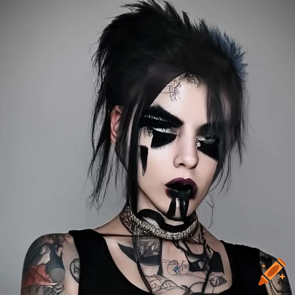 Androgynous woman with punk clothing and metal-style tattoos on Craiyon