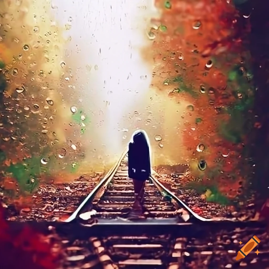 Tears falling on train tracks on a hot summer day with flying birds on ...