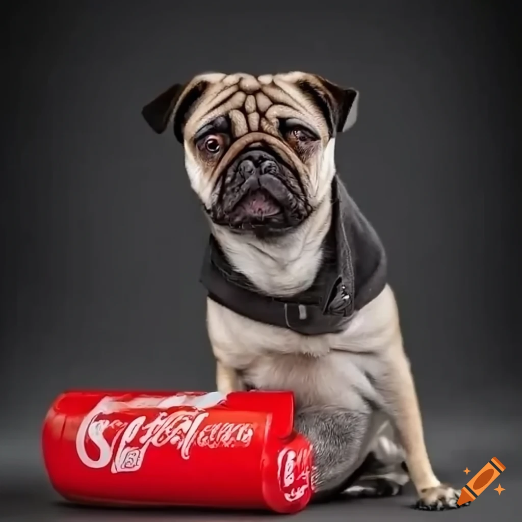 Pug mix sitting with a coca-cola chew toy on Craiyon