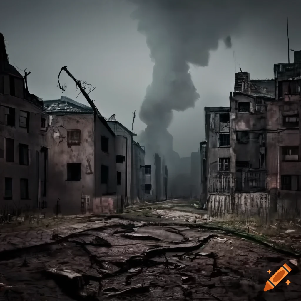 Post-apocalyptic urban landscape with dilapidated buildings and rising ...