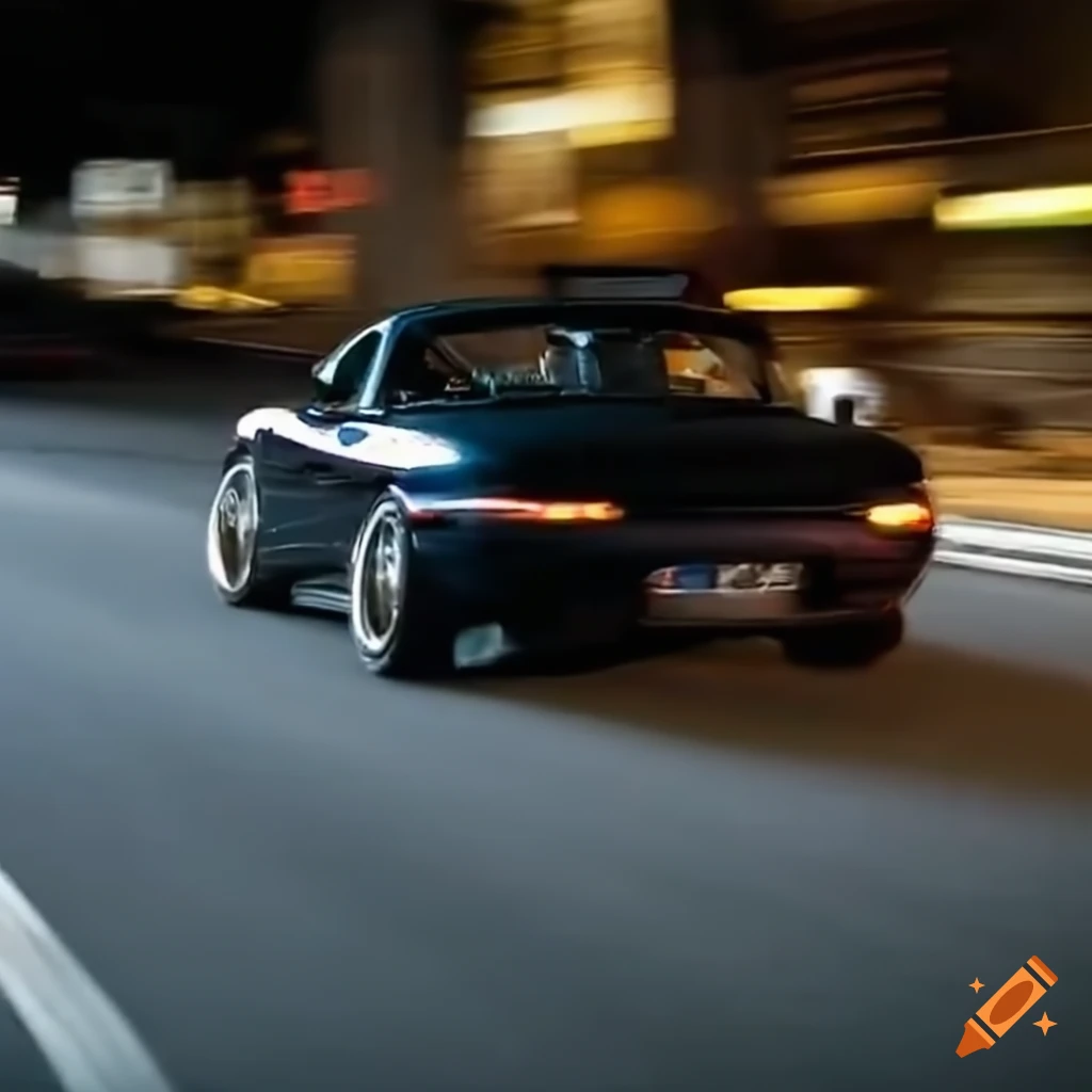 Miata drifting around a city road corner on Craiyon