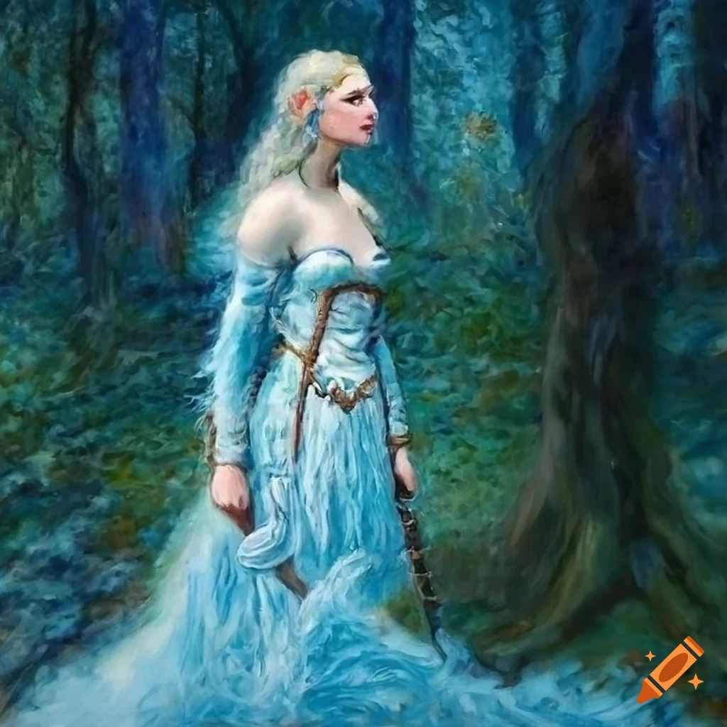 Medieval Elf ice sorceress with fur beast in a vibrant forest setting ...