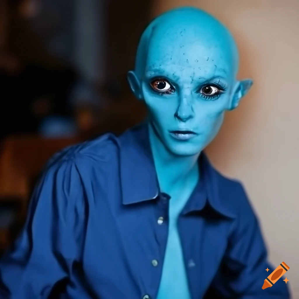 Blue-skinned humanoid alien man with white hair and freckles in a cafe ...