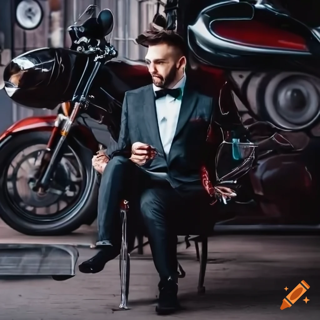 Elegant man with red wine on a motorcycle in a garage on Craiyon