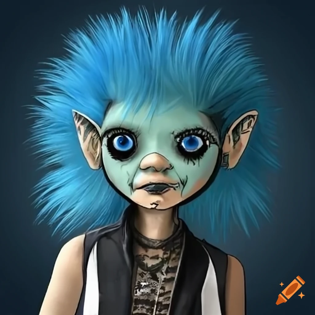 Blue-haired punk-inspired character with sad expression on Craiyon