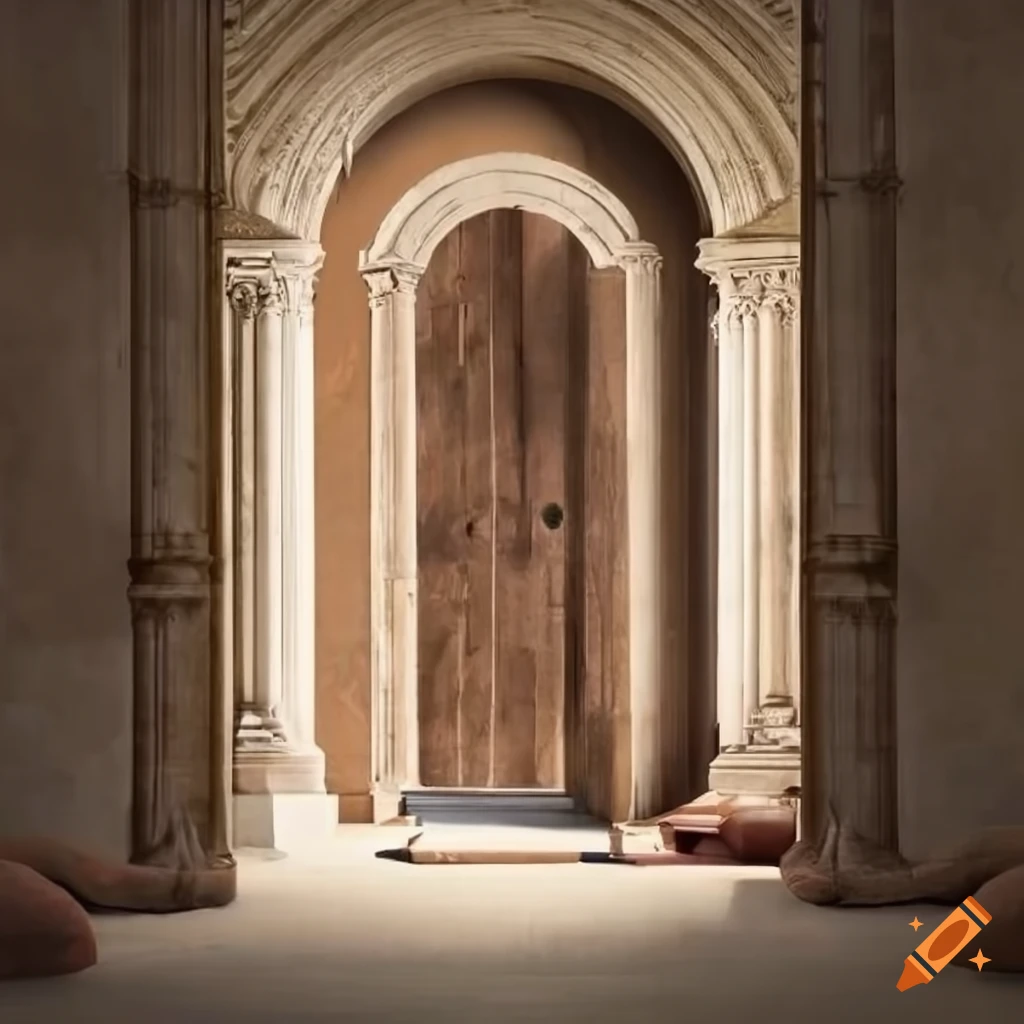 Greco-roman temple corridor with a partially open door leading to a chamber on Craiyon