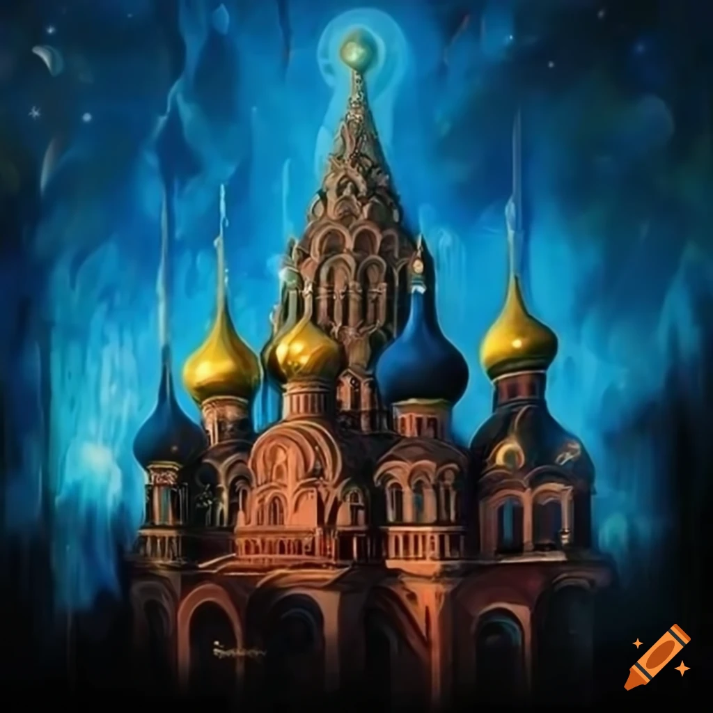 Futuristic magical Russian cathedral with stars and auras in icon style ...