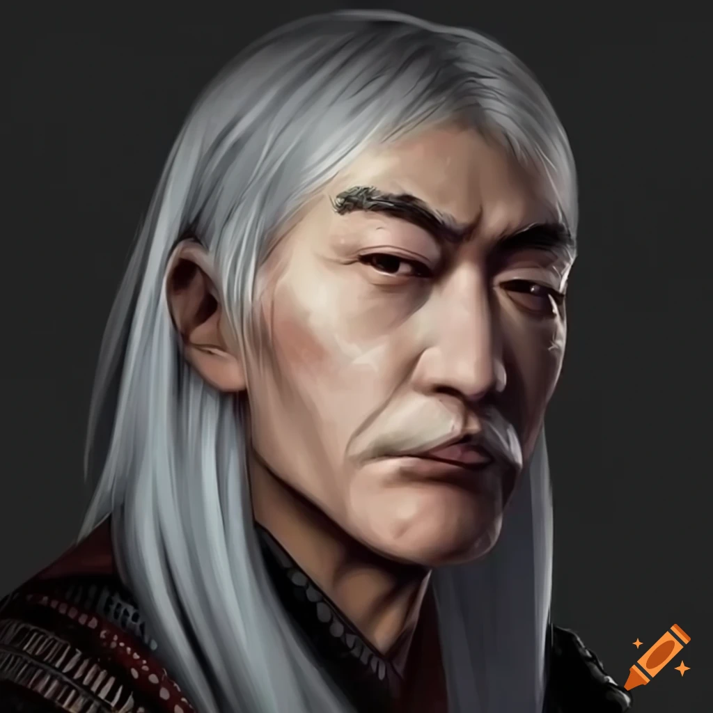 Compact japanese samurai with long gray hair and drooping mustache on ...