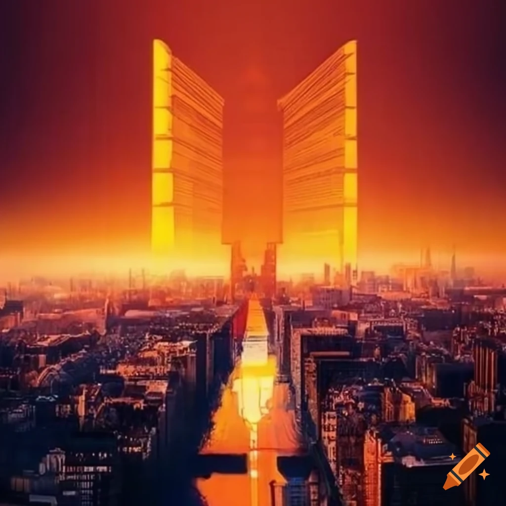 Futuristic Blade Runner-style view of the city of Reims on an orange ...