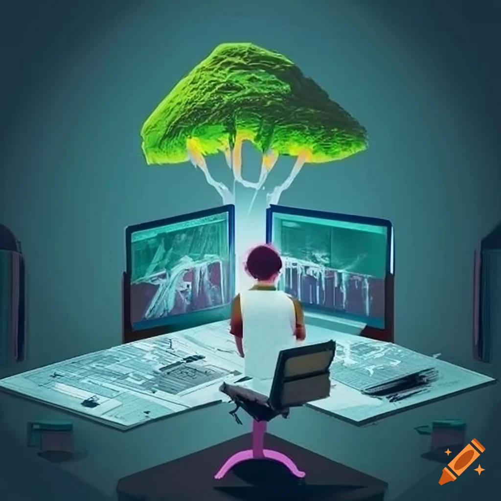 Structural engineer focused on computer screen with a tree growing from ...