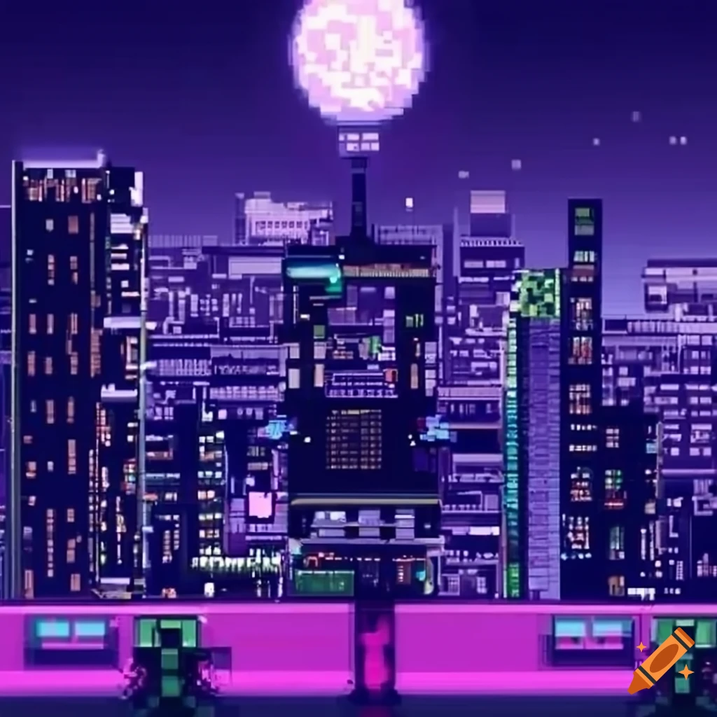 Pixelated 8-bit cityscape at night in a cyber-futuristic style on Craiyon