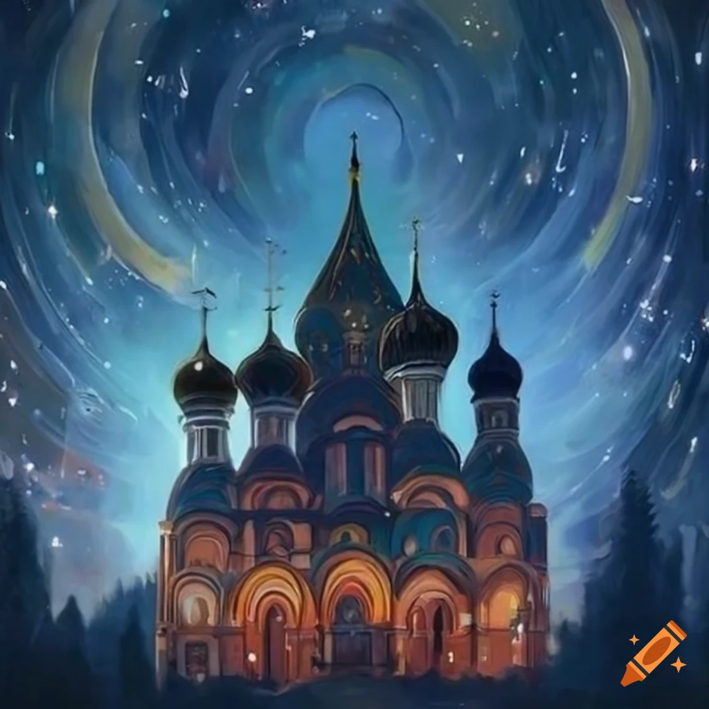Futuristic magical Russian cathedral with stars and auras in icon style ...