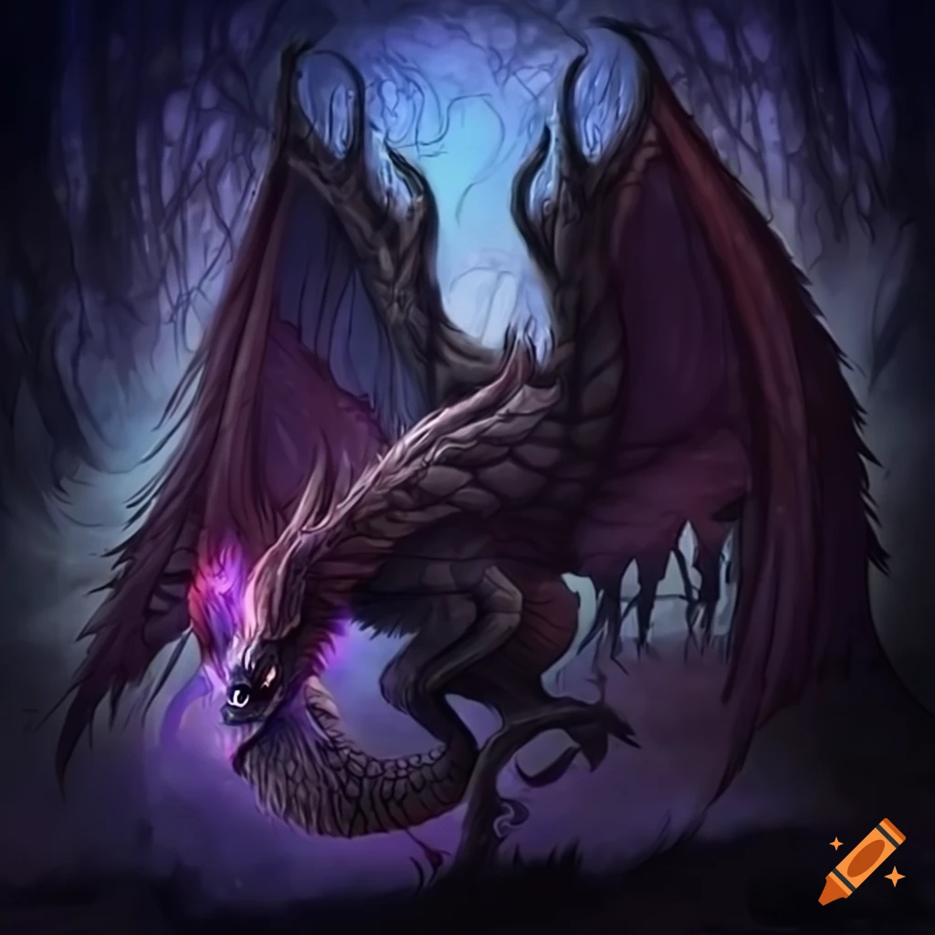 Wolf-dragon hybrid with three tails and a magical orb between its horns ...