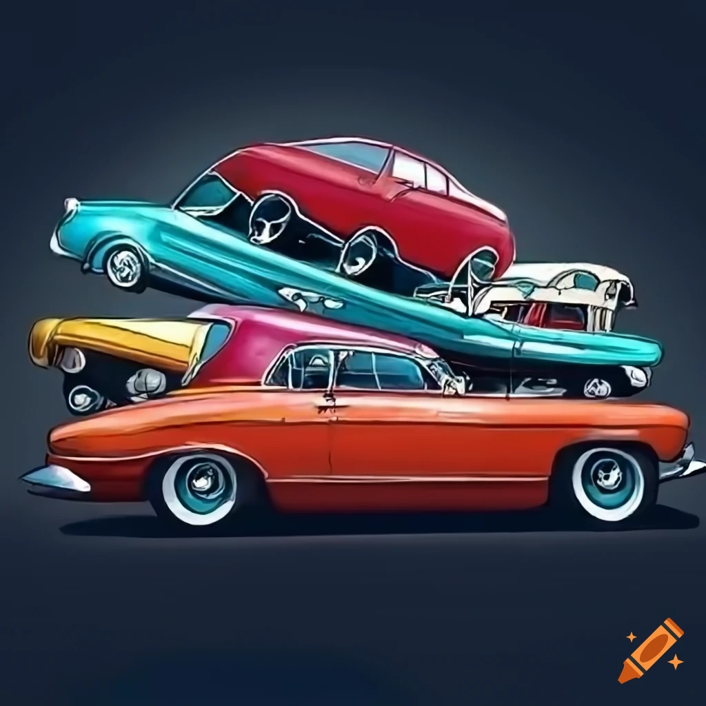 Stacked classic cars in a unique arrangement on Craiyon