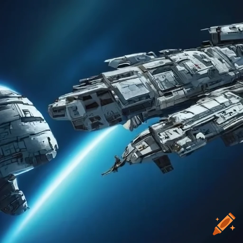 Top down view of two spaceships engaged in a battle on Craiyon