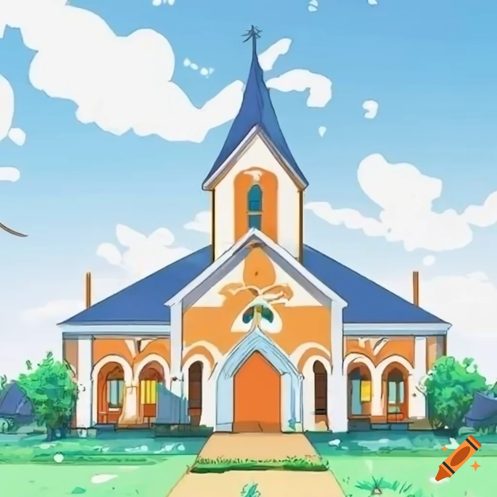 Manga-style illustration of kids running around a modern church with ...