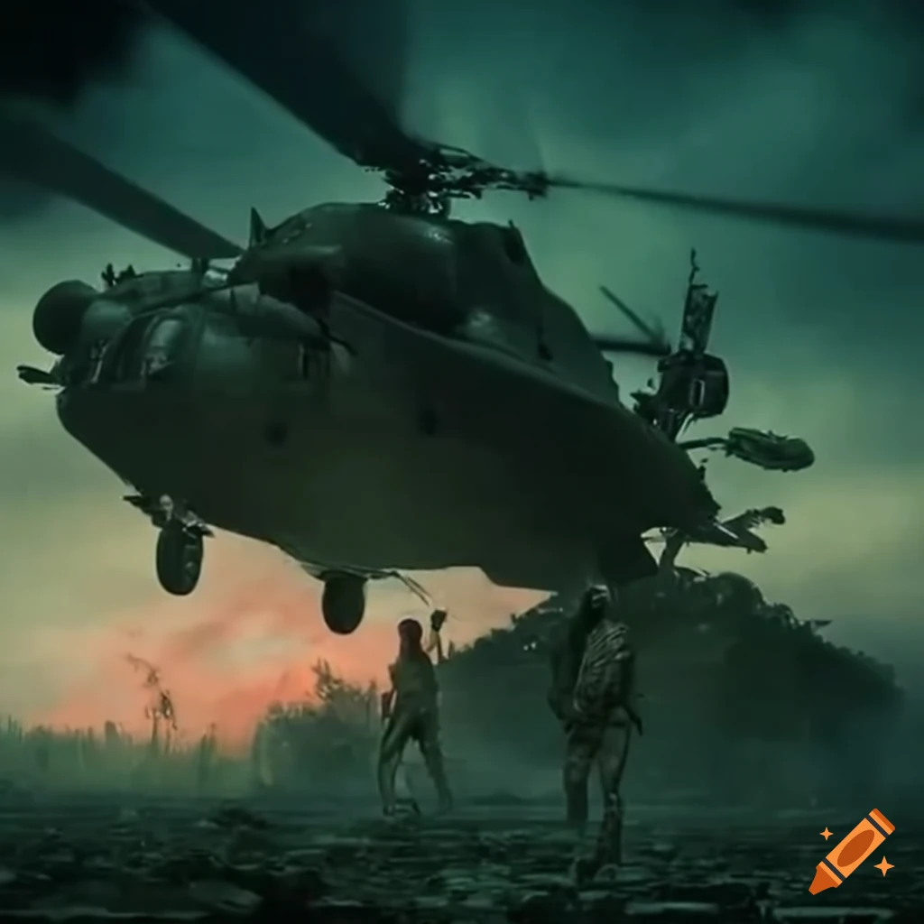 Scene from 'Apocalypse Now' with jungle, helicopters, and military ...