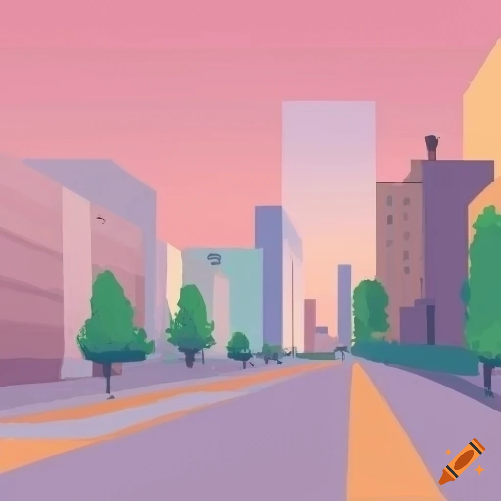 Urban city street with trees in pastel illustration style on Craiyon