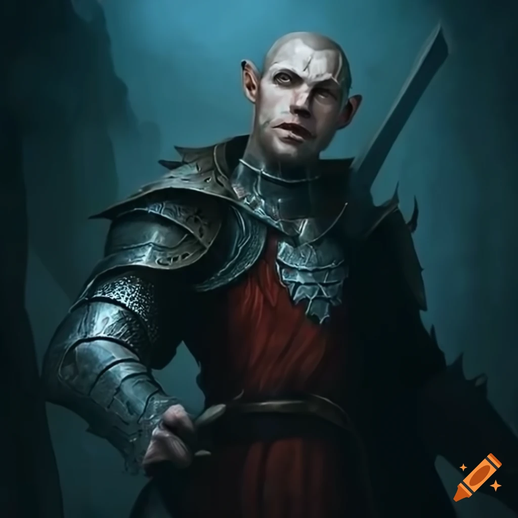 Intricate portrait of a male elite elven knight in a dimly lit dungeon ...