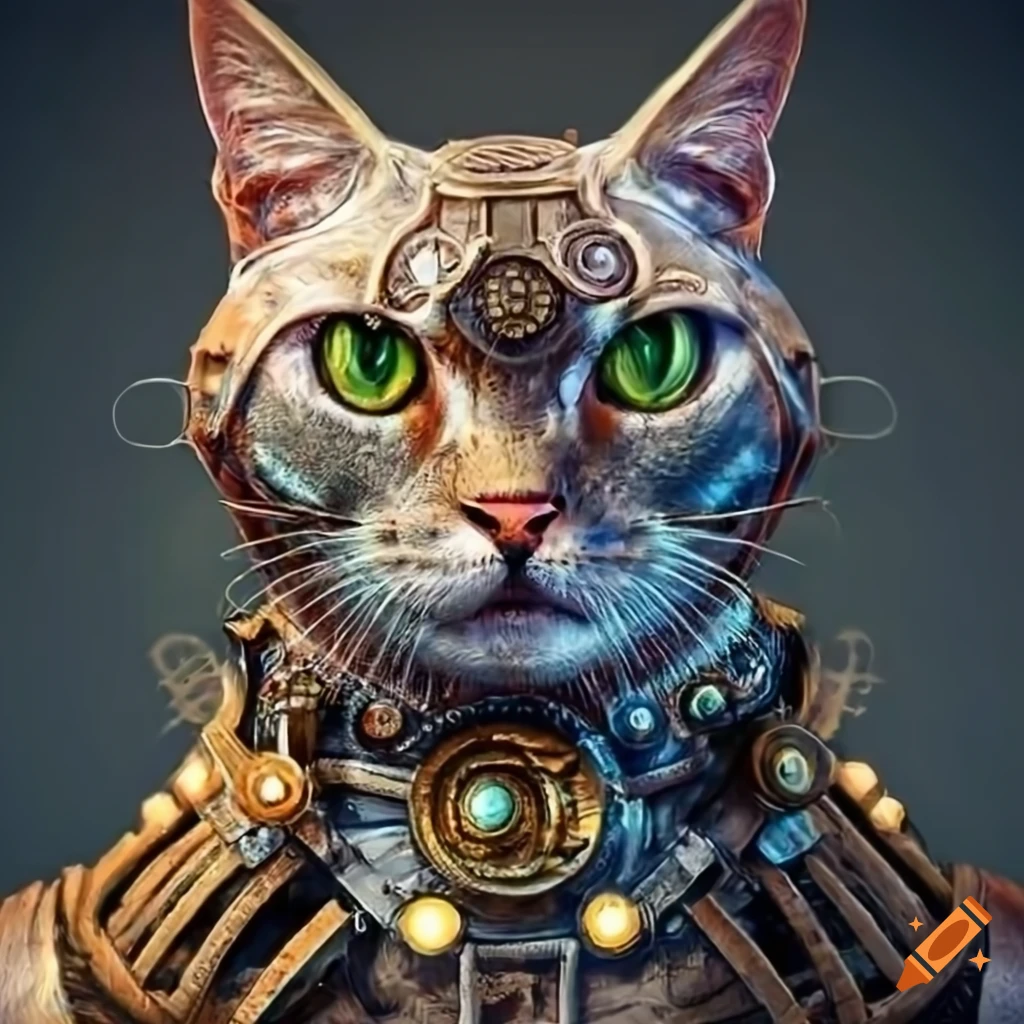 Steampunk cyborg cat in extreme hyper-realistic detail on Craiyon