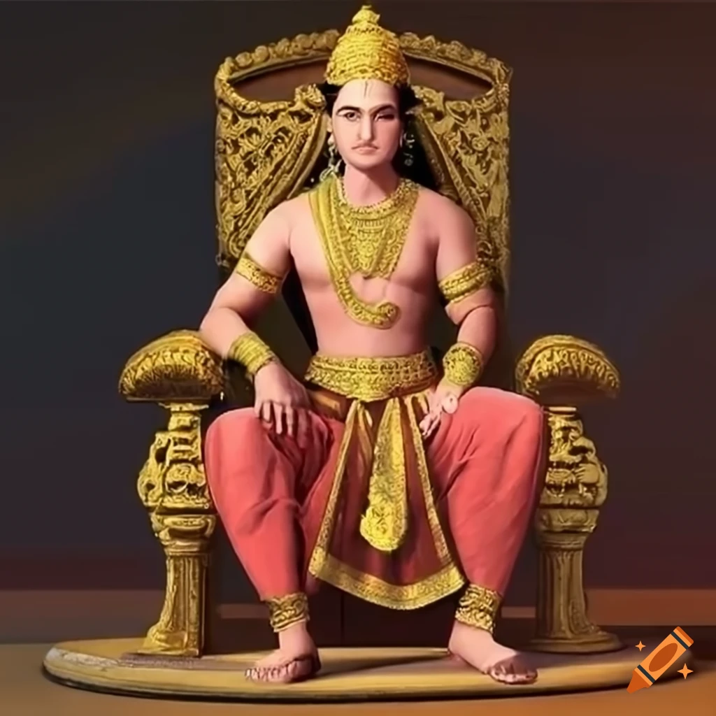 Depiction of legendary king Chandragupta Maurya seated confidently on a ...