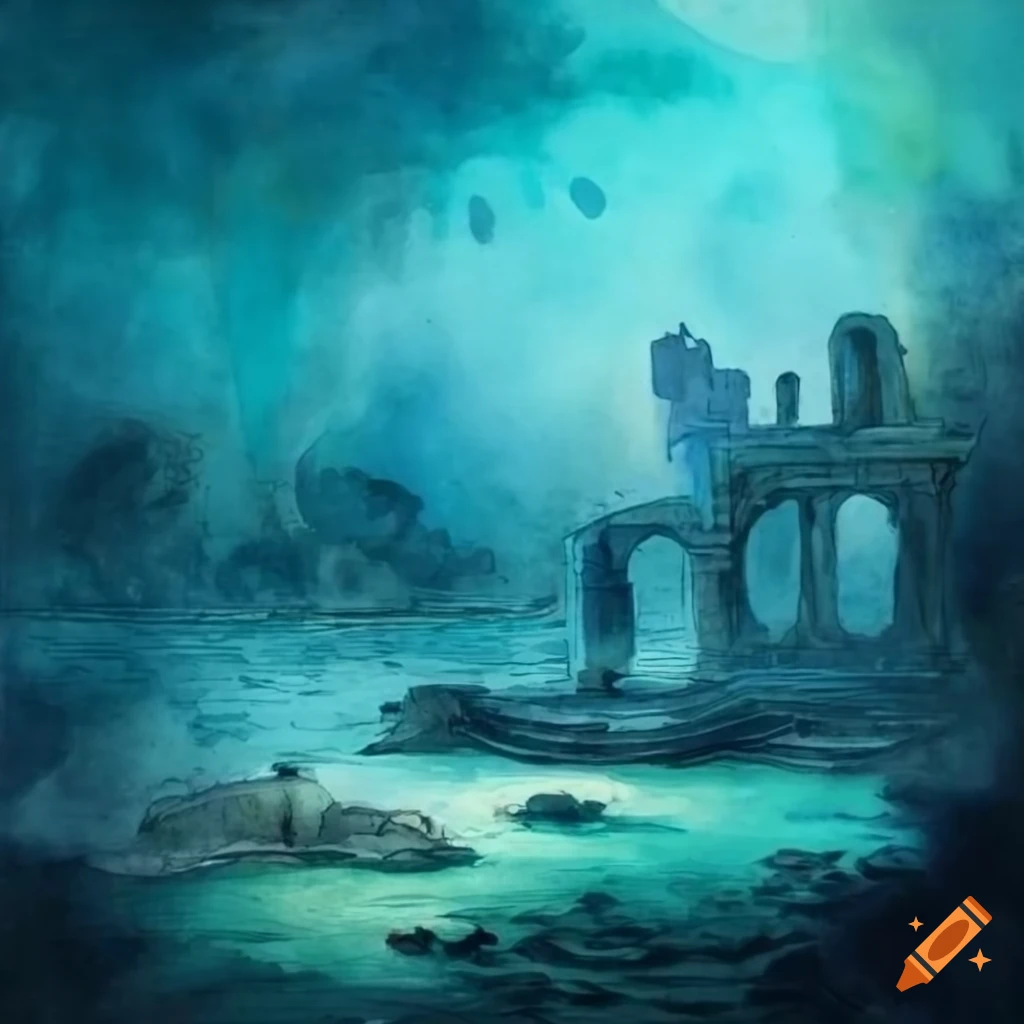 Underwater ruins of the mythical lost city of Atlantis in watercolor ...