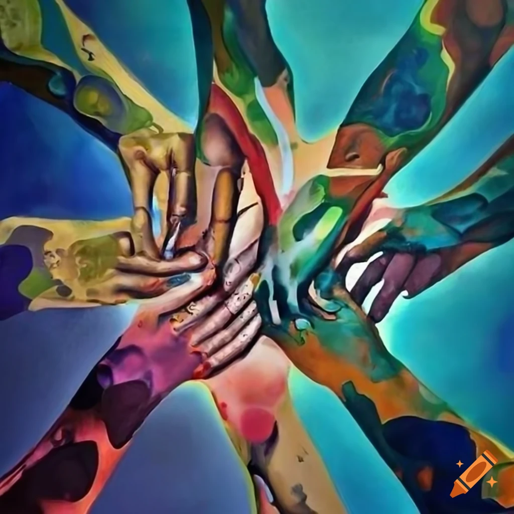 Painting of interconnected hands forming a unity circle on Craiyon