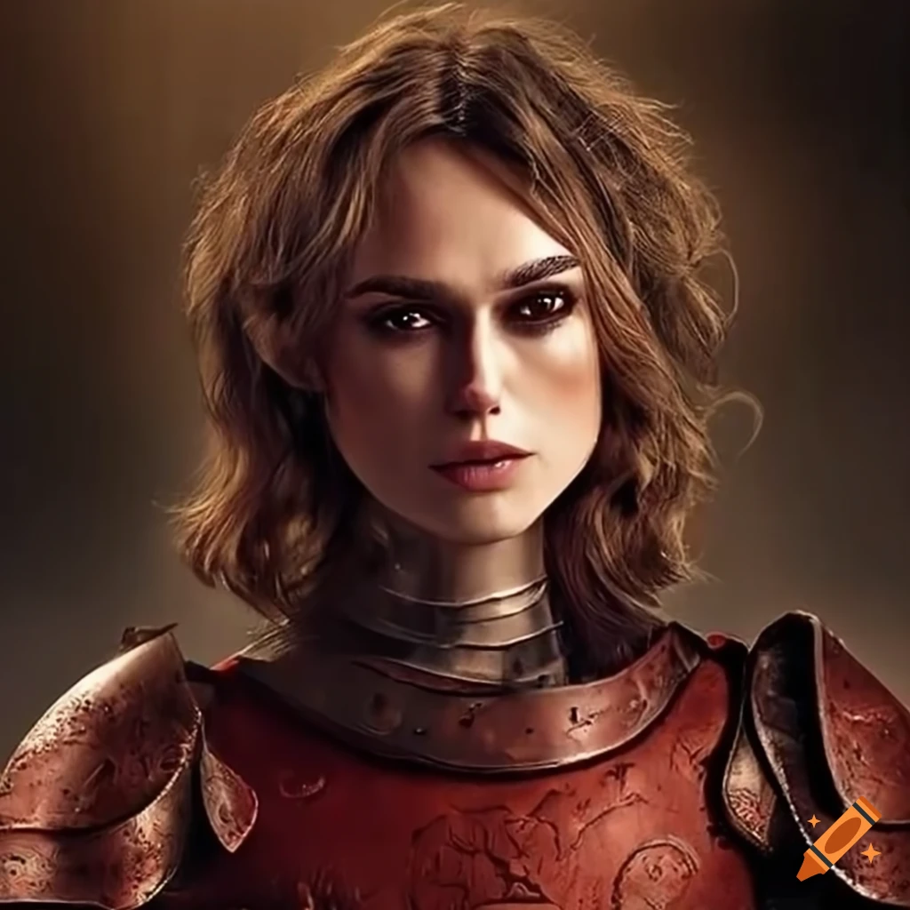 Keira Knightley as a knight of Middle Earth in red armor on Craiyon