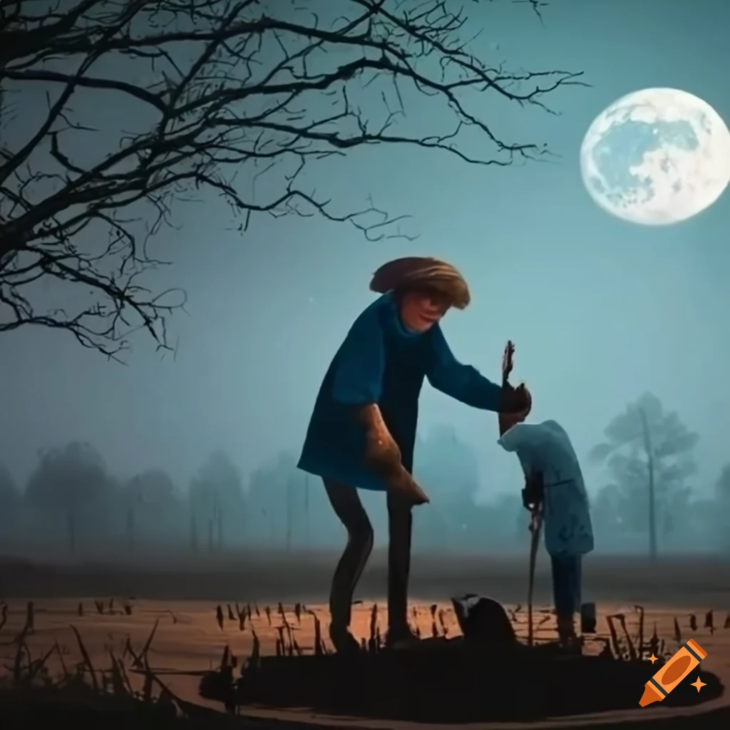 Two old friends digging a hole in moonlit farmland for a secret project ...